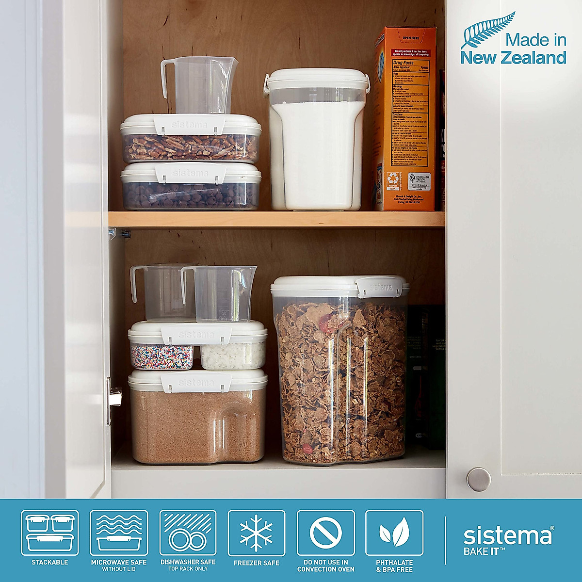 Sistema 5-Piece Food Storage Containers for Pantry with Lids and 2 Measuring Cups for Flour and Sugar, Dishwasher Safe, White