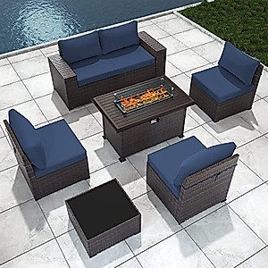 ASJMR Outdoor Patio Furniture Set with Gas Fire Pit Table, 7 Pieces Patio Furniture Set Outdoor Sectional Sofa w/43in Propane Fire Pit, PE Wicker Rattan Patio Conversation Set - Dark Blue