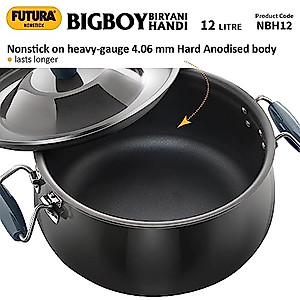 Hawkins Futura 12 Litre BigBoy Biryani Handi, Non Stick Pot with Glass Lid, Sauce Pan for Cooking and Serving Biriyani, Black (NBH12)