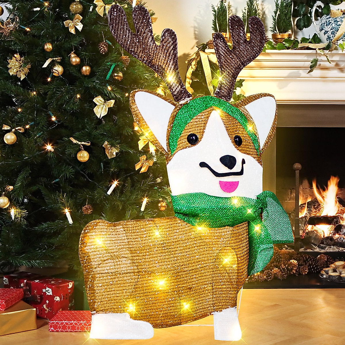 DROFELY 27”Christmas Corgi Lighted up Decoration for Indoor Display with LED Lights, Lighted 2D Christmas Dog with 20 Warm White Lights Decorative Christmas Tree,Home Xmas Holiday Addition AZ23GF-10