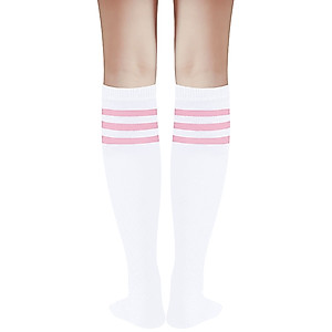 DOOVID Knee High Socks for Women Tube Socks Elasticity Athletic Socks Stripe Knee High Stockings Casual Socks White Pink One Size