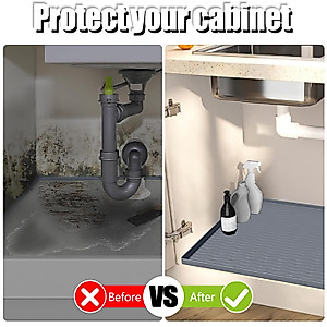 AUMAYCO Under Sink Mat for Kitchen Cabinet Silicone Waterproof 31'' x 22'', Under Sink Tray for Drips, Leaks, Spills, Unique Design Cabinet Protector Mats for Kitchen & Bathroom, Dark Grey