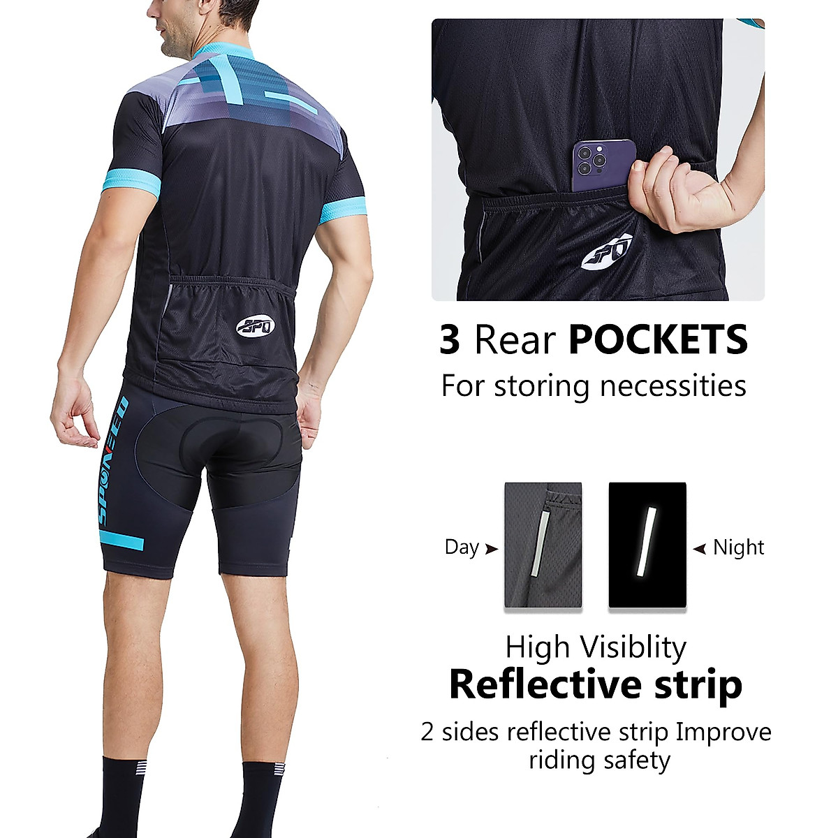sponeed Mens Cycle Jerseys Set Shorts Gel Padded Tights Bicycle Pants Paddding US M Black Blue