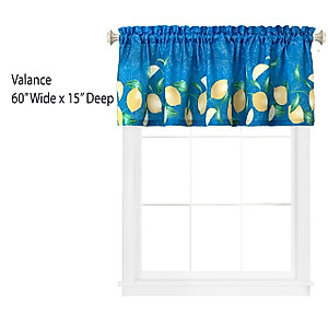 Newbridge Mediterranean Lemon Zest Tier Curtain and Valance Set, Blue/Yellow Provence Lemon Print Tier Set, 36” Long Tier Pair and Valance - 60" x 36" (Set of 2 Tiers & Valance)