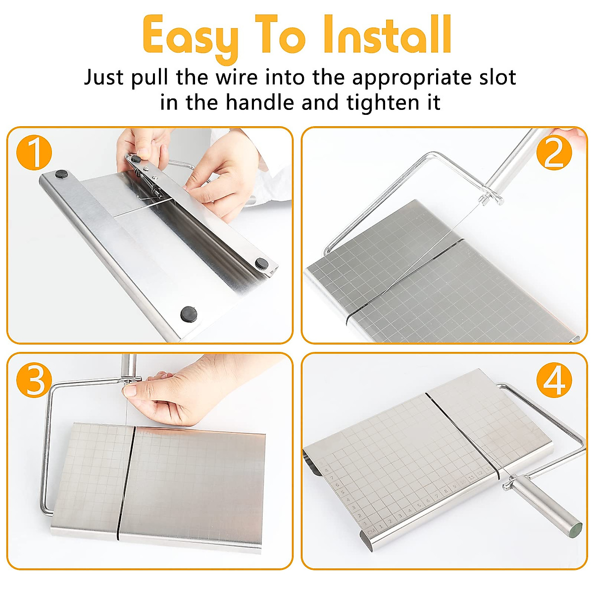 Stainless Steel Cheese Slicer with Accurate Size Scale Includes Wire Cheese Slicer, 5 Replacement Wires Cheese Cutters and 4 Mini Stainless Steel Cheese Knives Butter Knife & Fork for Cheese Butter