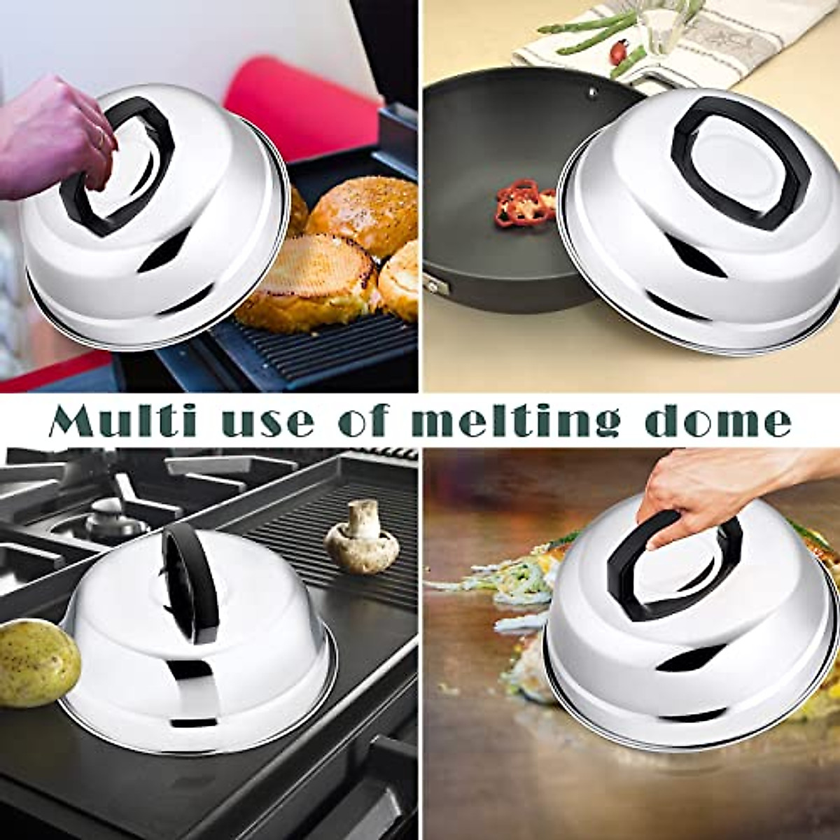 9In Cheese Melting Dome, HaSteeL 4Pcs Stainless Steel Round Basting Cover, Lightweight Steam Cover Lid with Plastic Handle, Durable for Kitchen Flat Top Griddle Grill Indoor & Outdoor, Easy to Clean