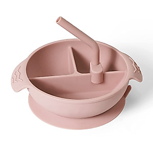 haakaa Silicone Divided Suction Bowl With Straw, Self Feeding Training Divided Bowl For Baby Toddler, Portable Non Slip Child Feeding Stay Put Bowl,Blush