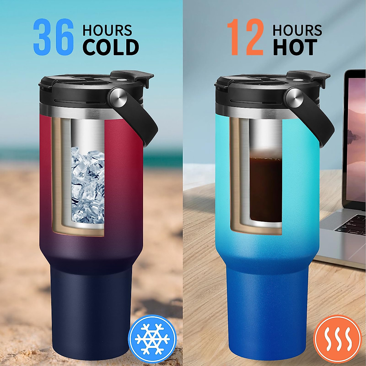 RRYFOUR 40oz Stainless-Steel Tumblers with Lid and Straw - Leak Proof Coffee Tumbler for Man Woman, Wide Mouth Water Bottle with Straw for Gym Car, Insulated Coffee Cup Tumbler with Handle and Straw