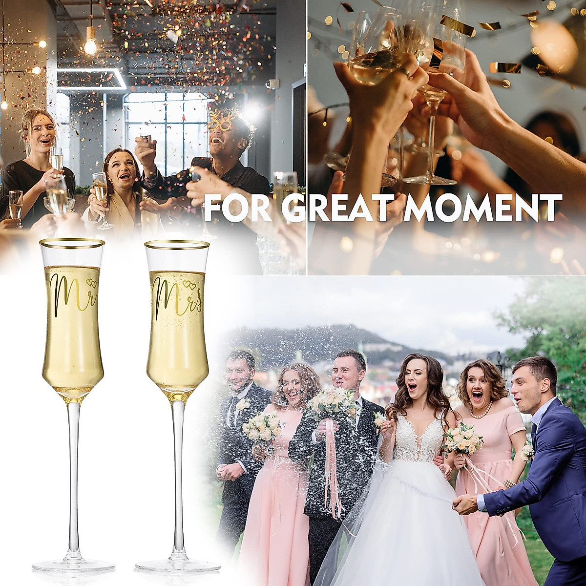 ROXBURGH Champagne Flutes Glasses Set of 2, Hand Blown Crystal Wedding Toasting Flutes for Bride and Groom, Long Stem Mr and Mrs Champagne Glasses for Wedding Engagement Anniversary Christmas Gifts