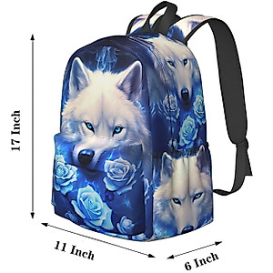 FeHuew 16 inch backpack Fantasy Blue Roses Wolf Laptop Backpack Full Print School Bookbag Shoulder Bag for Travel Daypack