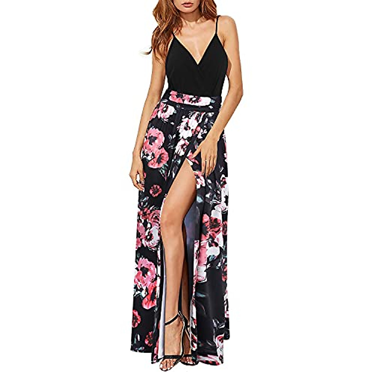 Newshows Womens' Summer V Neck Spaghetti Strap Sleeveless Casual Split Vestidos Beach Long Maxi Dress Trendy(Floral 02,L)