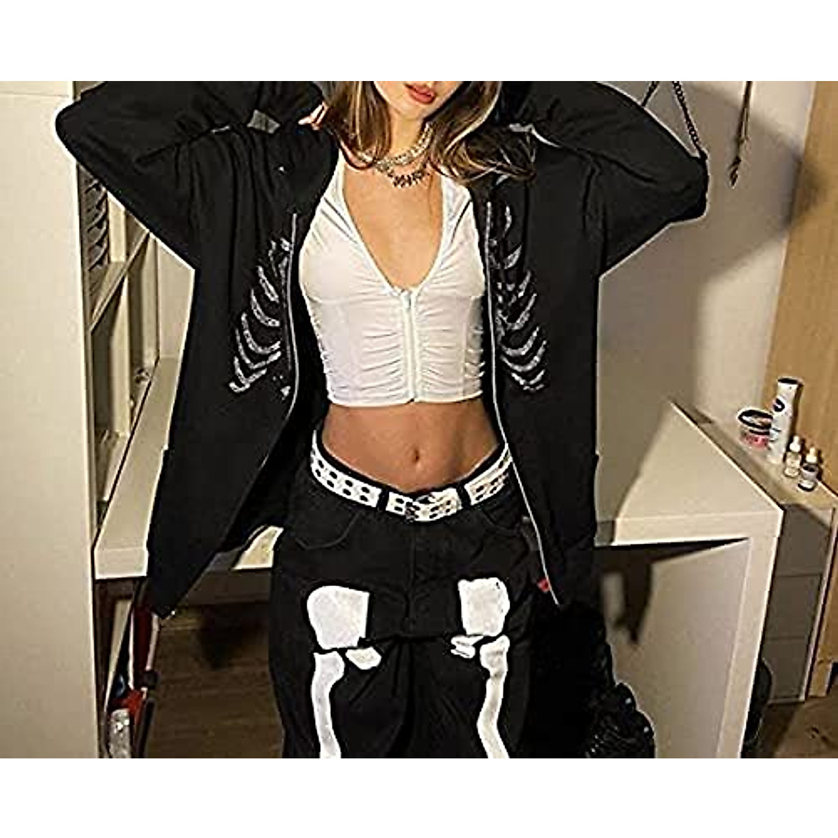 threeriver Womens Y2k Skeleton Print Hoodie Top Rhinestone Skull Print Long Sleeve Zip Up Hoodies(S,A-black)