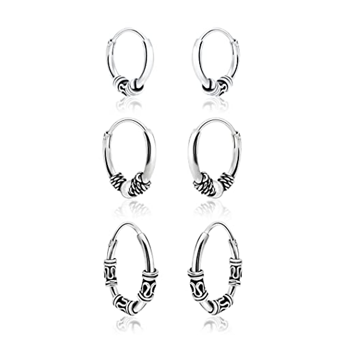 Hoops & Loops 925 Sterling Silver Set of 3 Pairs 10mm, 12mm & 14mm Bali and Bali Bead Endless Hoop Earrings for Women Teen Girls Men, Silver