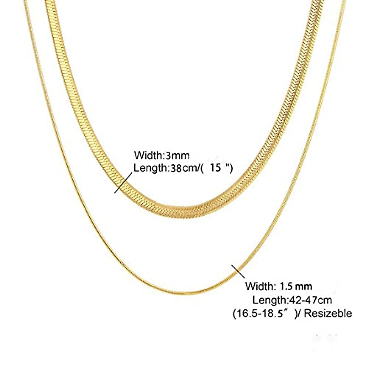 Tasiso 14K Gold Plated Herringbone Choker Necklace Set Double Layer Snake Chain Layered Gold Herringbone Chain Necklace Flat Snake Choker Necklaces for Women 3MM 38CM/1.5MM 42CM