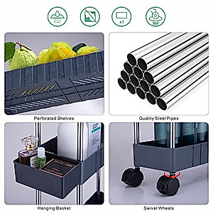 Upvoted 4 Tier Rolling Utility Cart Slide Out Mobile Shelving Unit Slim Storage Organizer for Kitchen, Living Room, Laundry Room, Bathroom, with Storage Basket, Gray