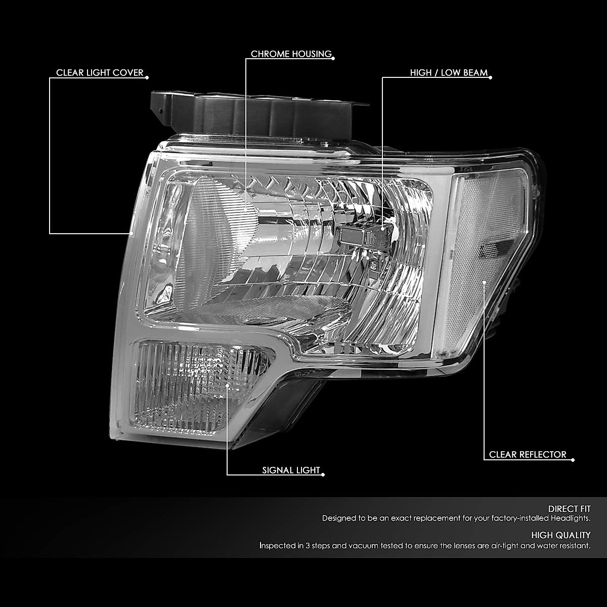 DNA MOTORING HL-OH-F1509-CH-CL1 Chrome Housing Headlights Replacement Compatible with 09-14 F-150