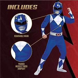 Blue Power Ranger Costume, Kids Size Beast Morphers Muscle Padded Character Jumpsuit and Mask, Classic Child Size Small (4-6)