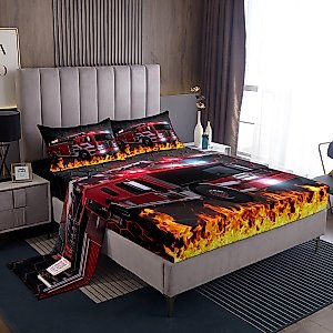 Erosebridal Firefighter Car Sheet Set Fire Truck Bed Sheets Queen Black Red Honeycomb Sheets for Teenagers Young Man Kids Boys Home Bedroom,Soft Cozy(1 Flat Sheet, 1 Fitted Sheet, 2 Pillowcases)