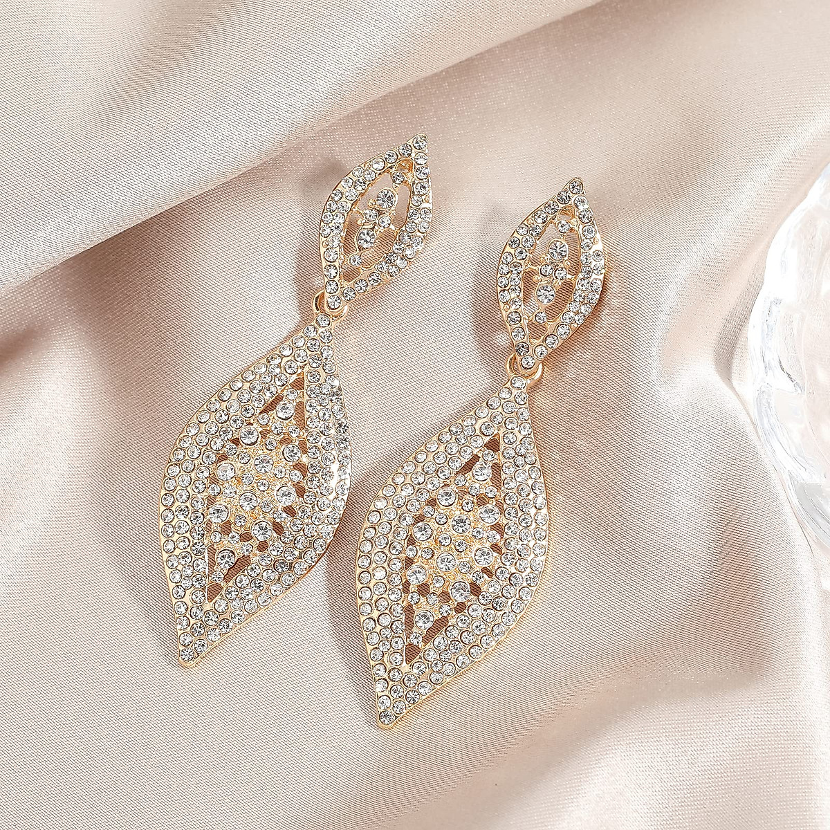 VANGETIMI Fashion Champagne Rhinestone Crystal Wedding Earrings for Women Bridal Bridesmaid Long Leaf Chandelier Teardrop Dangle Earrings Jewelry