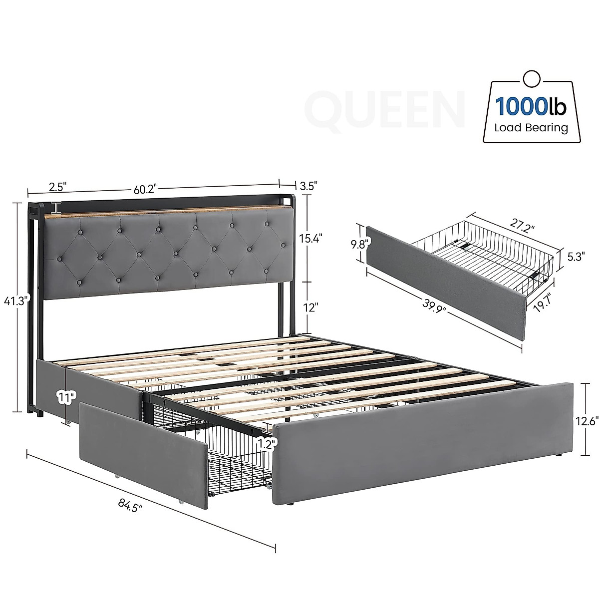 GAOMON Queen Size Bed Frame with 4 Storage Drawers and Charging Station, Upholstered Velet Platform Bed Frame with Storage Headboard and Sturdy Wooden Slats Support, No Box Spring Needed (Queen)