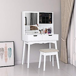 LYNSLIM Vanity Desk, Makeup Vanity with Mirror & LED Lights，Makeup Vanity Table with 2 Drawers & 4 Storage，Small Vanity Set Storage Stool for Dressing Bedroom (White, Extra)