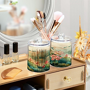Kigai 2 Pack Watercolor Lotus Flowers Qtip Holders Dispenser Bathroom Vanity Organizers Clear Plastic Apothecary Jars with Lids for Cotton Ball, Cotton Swab, Cotton Round Pads, Floss