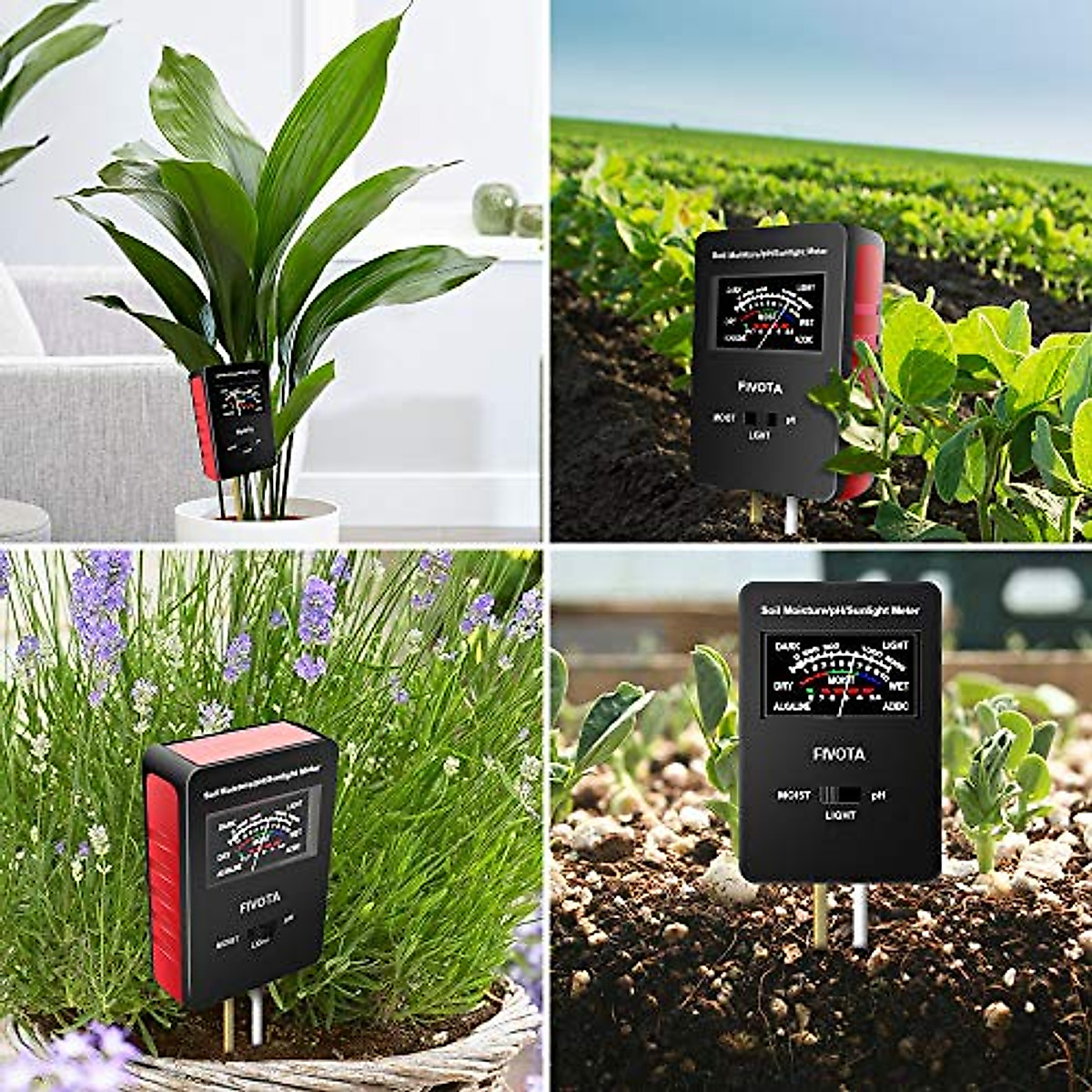 Fivota Soil pH Meter, FV03 Upgraded Large Screen Soil Moisture/Sunlight/pH Tester Backyard Soil Test kit, Reliable Gardening Soil Tool for Garden, Farm, Lawn Indoor & Outdoor Use