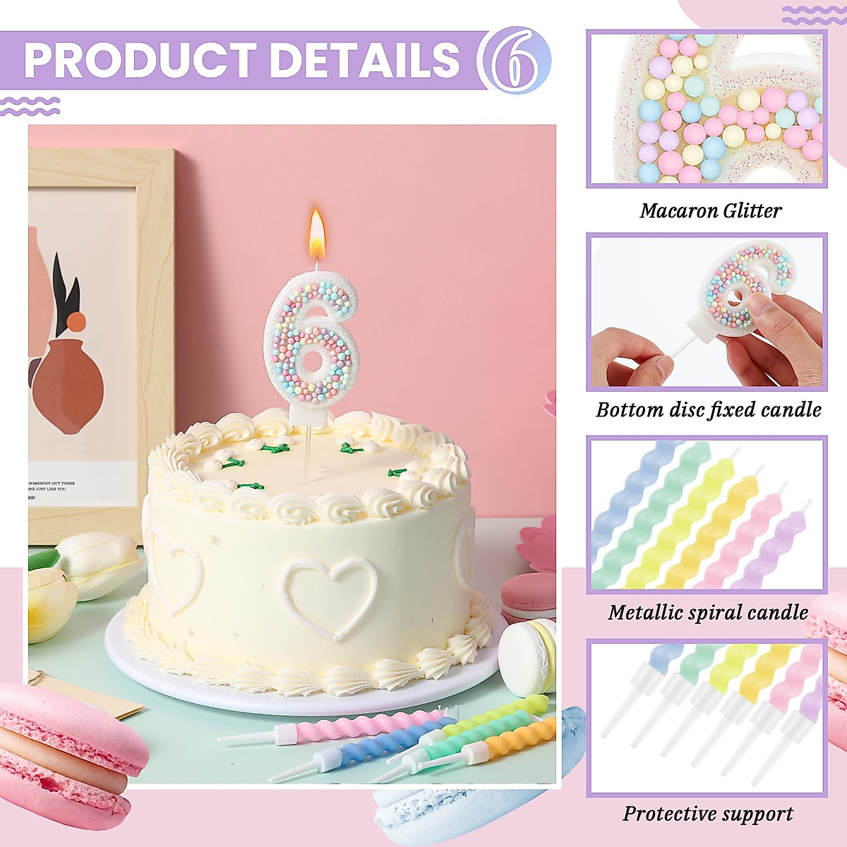 MTLEE Number 6 Birthday Candle Macaron Pastel Rainbow Unicorn Glitter 3D Number Candle with 12 Pcs Spiral Candles in Holders for Girl Boy Cake Topper Wedding Anniversary Sweet Theme Party Decoration