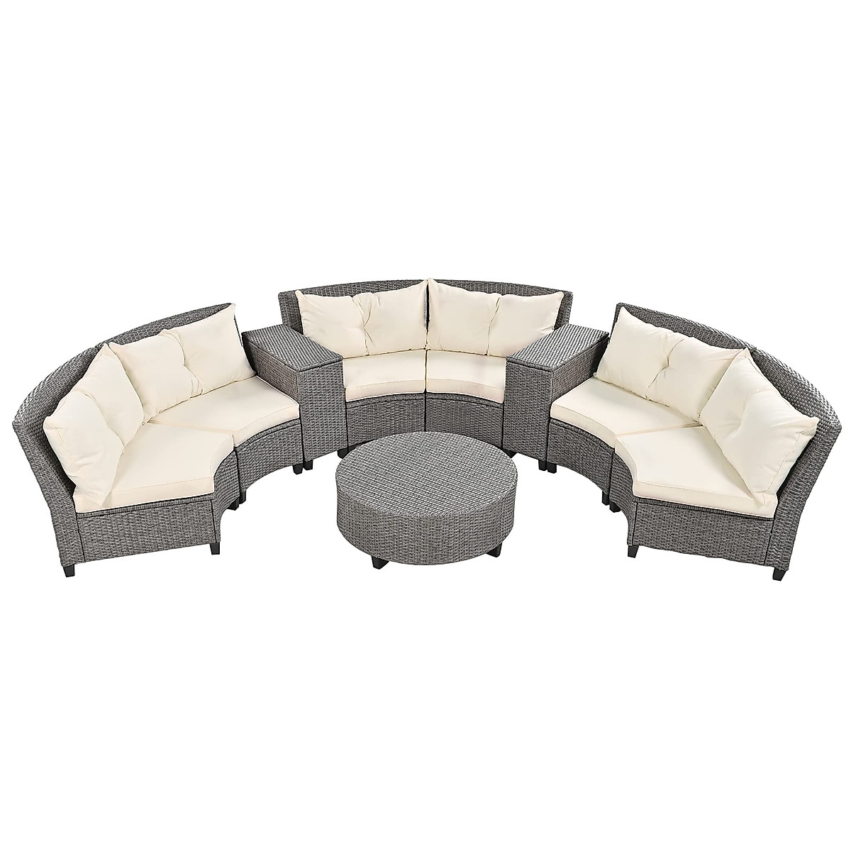 GLIFRON Patio Furniture Sets for 6 Person, Fan-Shaped Half-Moon Curved Outdoor Rattan Sofa with Cushions and Round Table for Porch Lawn Garden Backyard Poolside, Gray+Beige, 1