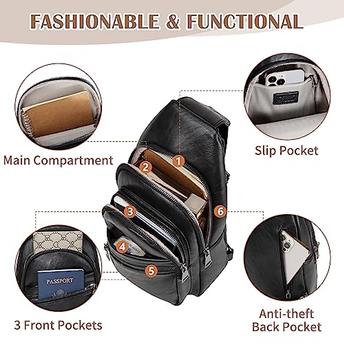 RAVUO Sling Bag, PU Leather Crossbody Backpack for Women Men Casual Hiking Daypack Multipurpose Chest Bag for Work College Black