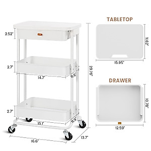 TOOLF Rolling Storage Cart with Drawer & Table Top, 3 Tier Metal Rolling Utility Cart, White Rolling Cart Organizer for Teacher Craft Baby Nursery, Utility Cart for Kitchen Bathroom Bedside Office