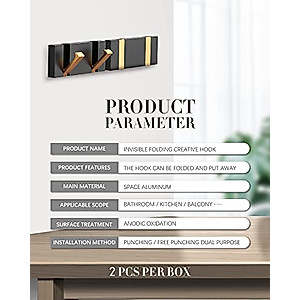 2 Pack，Watertight Black Gold Towel Hooks，Space Saving Retractable Coat Wall Hooks，Bathroom Towel Hooks for Wall，Black Matte Wall Towel Hooks，Hooks for Wall，Door Robe Hooks，Also for Kitchen，Balcony.