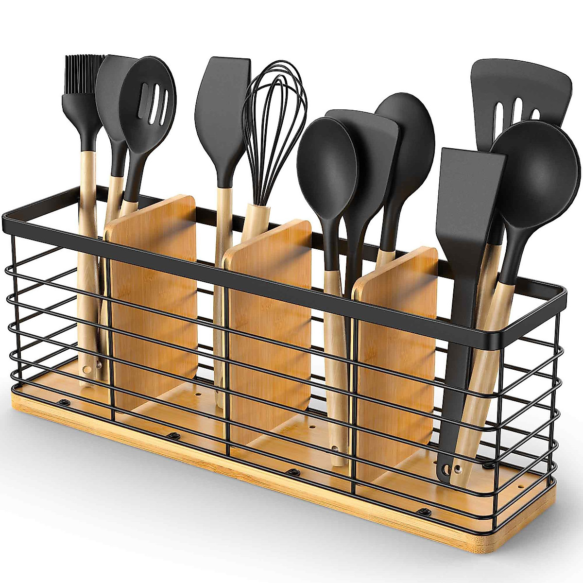 ALOCEO Kitchen Utensil Holder for Countertop - Large Matte Black Utensil Holder with Wooden Base - Multifunctional Farmhouse Cooking Utensil Organizer, Rustic Cooking Utensil with 4 Compartments