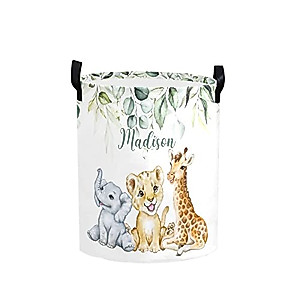 Personalized Laundry Basket Hamper,Safari Jungle Animal Greenery,Collapsible Storage Baskets with Handles for Kids Room,Clothes, Nursery Decor