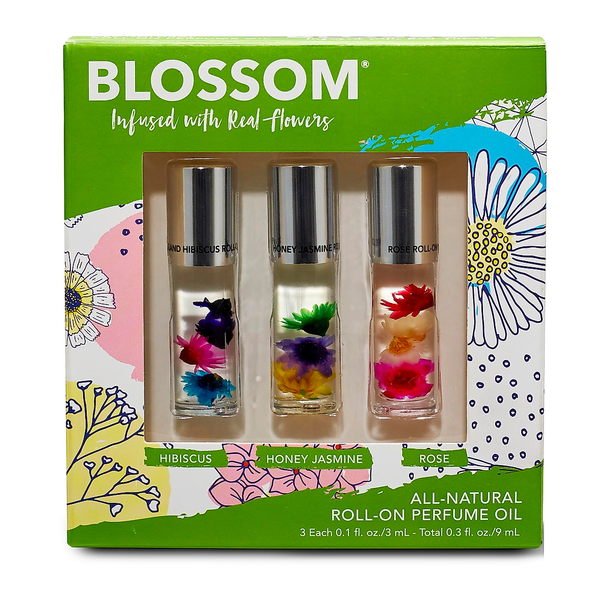 Blossom Roll on Perfume for Women Alcohol Free Rollerball Perfume Oil with Essential Oils, Infused with Real Flowers, Made in USA, 0.3oz, 3 pack Mini Gift Set, Hibiscus/Honey Jasmine/Rose