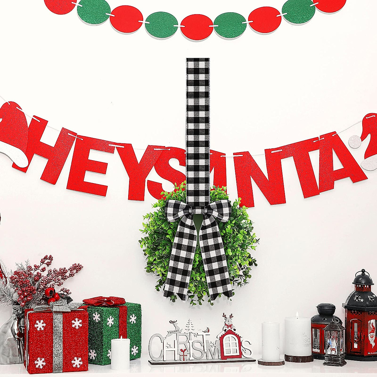 Artificial Eucalyptus Wreath Greenery Hanging Wreath Kitchen Cabinet Wreath with Buffalo Plaid Bow Black and White Check Bow for Christmas Front Door Home Wall Porch Patio Garden Decor