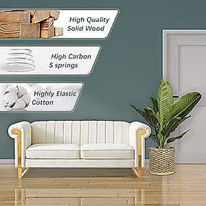 Koruiten Velvet Sofa Couch, Mid-Century Modern Couch with Arms and Removable Cushions, 84 Inch Love Seats Furniture for Living Room & Bedroom (White)