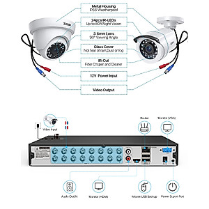 ZOSI 1080p 16 Channel Security Camera System, H.265+ 16 Channel DVR with Hard Drive 2TB and 12 x 2MP Weatherproof Surveillance CCTV Bullet Dome Camera Outdoor Indoor, 80ft Night Vision, 90° View Angle