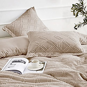 Maple&Stone King Duvet Cover Set, 3 Pieces Textured Tufted Boho Bedding Sets Zipper Closure Design with Ties, 1 Duvet Cover + 2 Pillow Shams, Comforter NOT Included (Khaki, King Size)