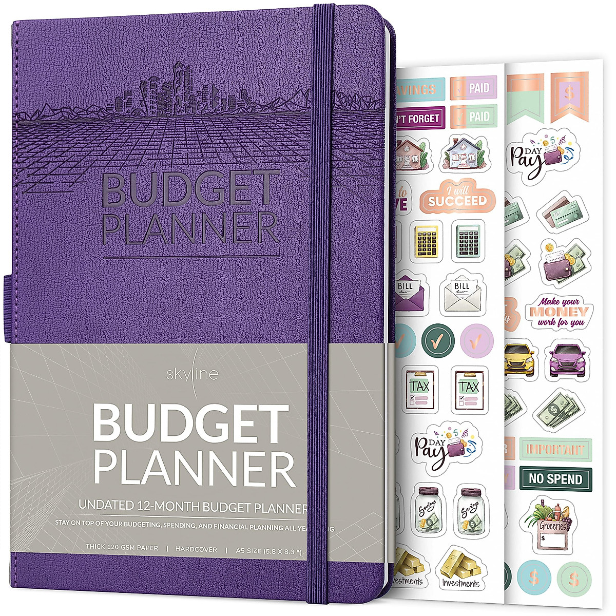 Skyline Budget Planner – Undated Monthly Budgeting Book & Money Expense Tracker – Financial Notebook to Track Personal & Household Finances – Simple Budget Journal – A5 Size, Hardcover (Purple)