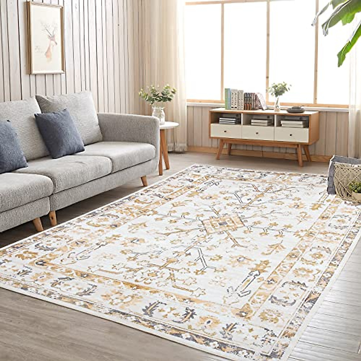 COZYLOOM Large 8x10 Area Rug Medallion Distressed Soft Rug Retro Indoor Carpet for Living Room Non-Shedding Floral Floor Carpet Low Pile Anti-Slip Backing Bedroom Thin Rug Accent Home Decor