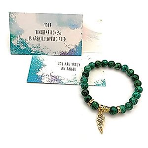 Smiling Wisdom - Angel Wing Appreciation Kindhearted Thank You Keepsake Greeting Card and Stretch Stone Bracelet - Green Rain Flower Stones - 7.5 inches Medium