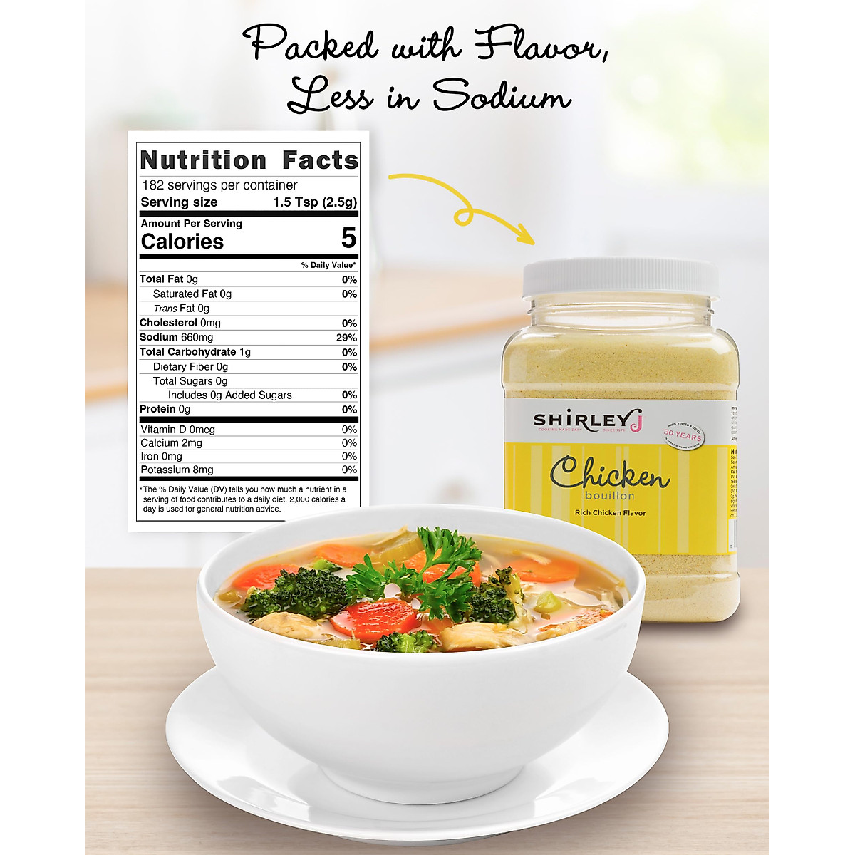 Shirley J Bouillon Powder - Rich, Concentrated, & Less Sodium Chicken Bouillon - Easy to Use Chicken Powder for Soup, Stew, Gravy, & More - 1 lb.