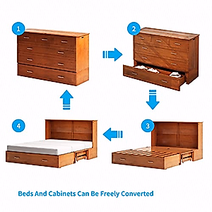 Mjkone Murphy Cube Cabinet Bed with USB Charging Station, Murphy Bed Cabinet with Large Drawer & Folding Mattress, Queen Size Bed Frame for Guest Room, Home, Office - Cherry