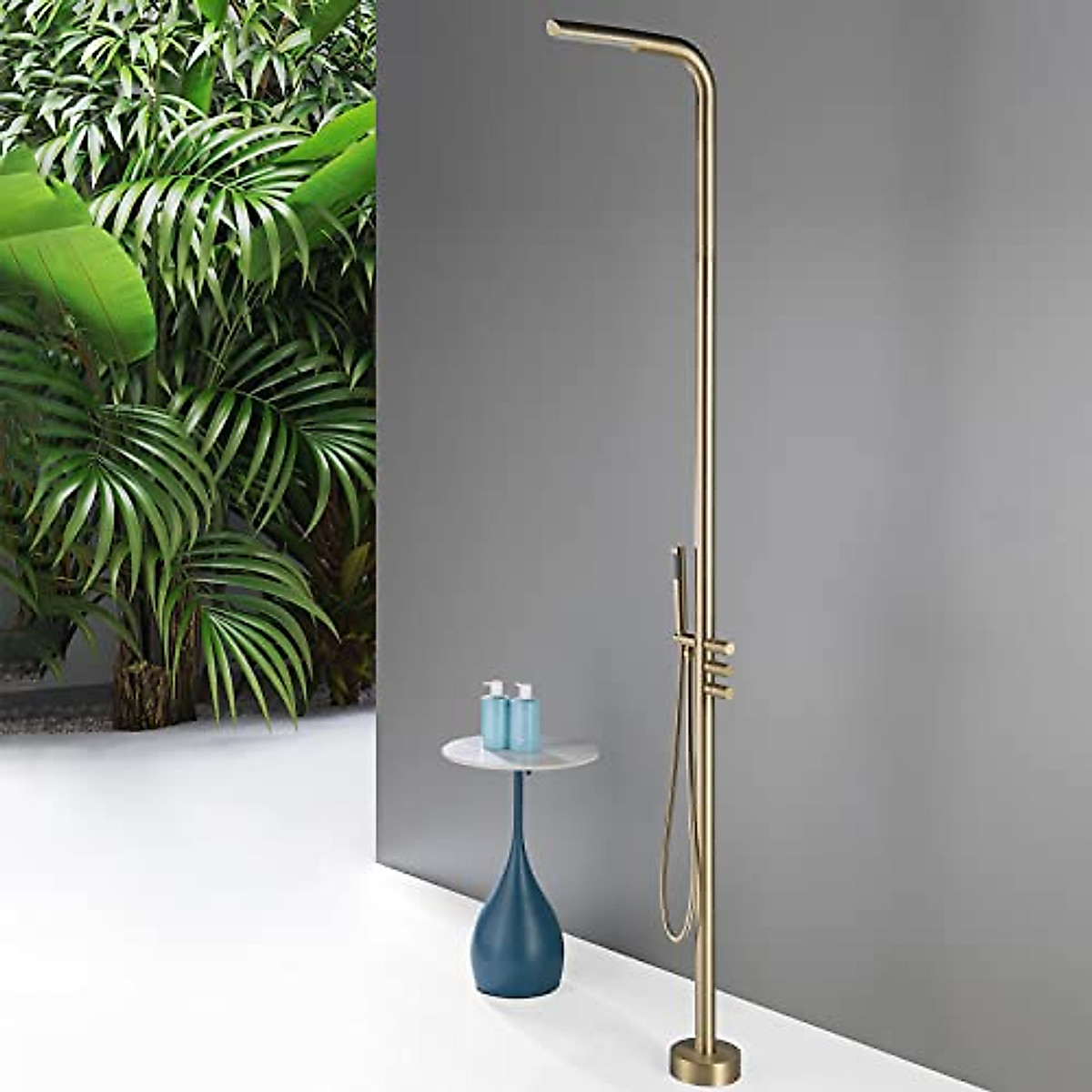 RBROHANT Outdoor Shower Brass Outside Shower Kit for Backyard Garden Pool Beach, Freestanding Outdoor Shower Fixtures with Overhead Shower Head and Hand Shower, Floor Mounted, Brushed Gold, RB0090