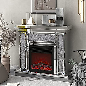 DEINPPA Mirrored Electric Fireplace with Remote Control and Faux Diamonds, Freestanding Mantel Heater Firebox with 3D Flames for Living Room, 1500W Electric Heating Furnace