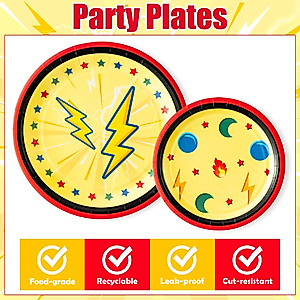 BOpusail 96Pcs Cartoon Lightning Bolts Party Tableware Set Disposable Dinnerware Paper Dinner Plates Dessert Plate Napkins Plastic Forks Party Supplies for Kids Birthday Baby Shower Serves 24 Guests