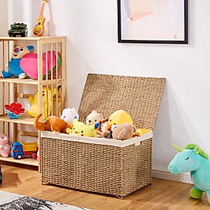 PrimeZone Double Storage Basket With Lid - 160L(42.3 Gallon) Seagrass Woven Rattan Laundry Hamper, Large Foldable Toy Box Blanket Storage Bin Trunk with Removable Liner for Bedroom, Bathoom, Natural