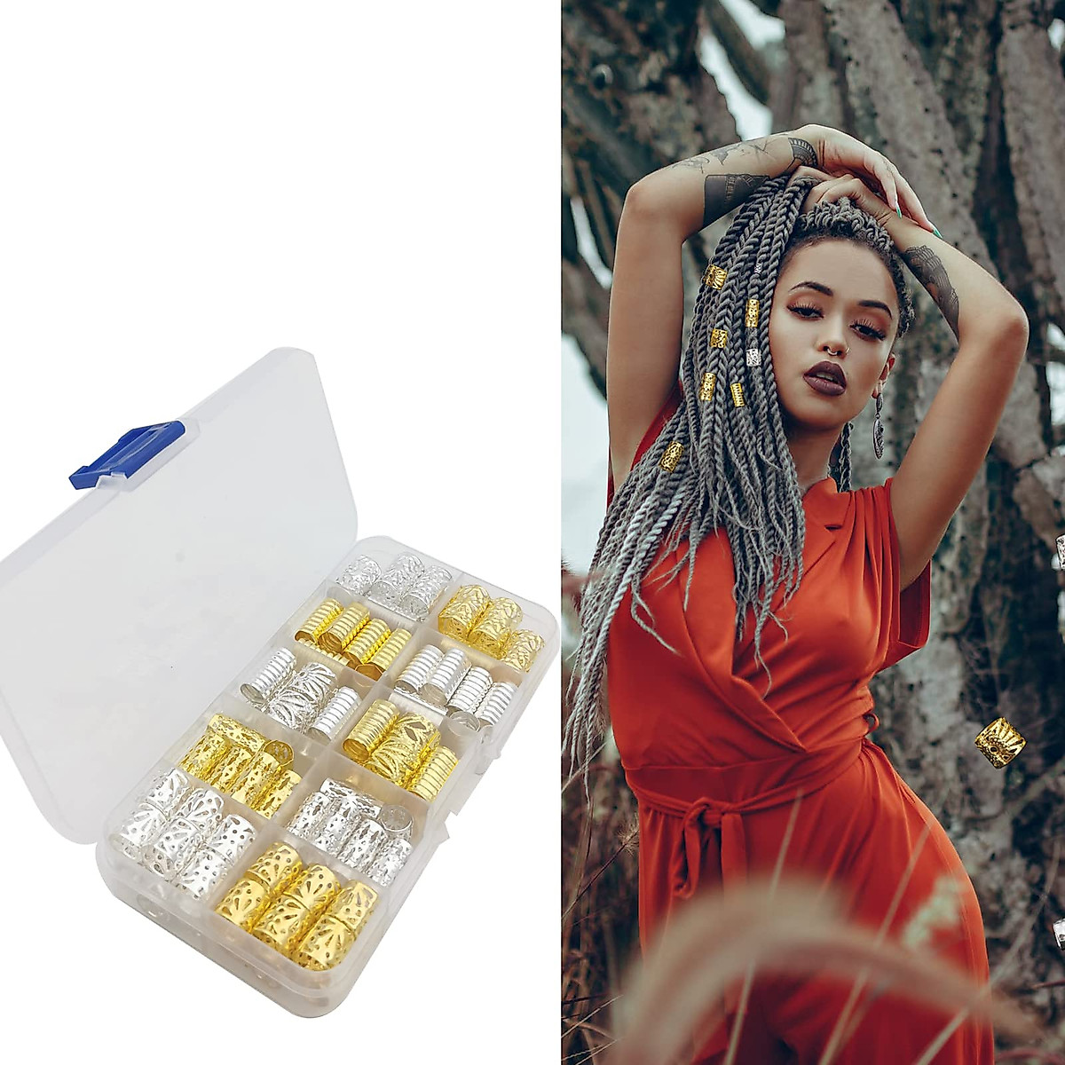 100 PCS Gold Hair Cuffs Hair Beads for Girls Silver Hair Jewelry for Braids Accessories, Flosius Hair Charms for Braids Dreadlock Accessories Loc Jewelry for Black Women
