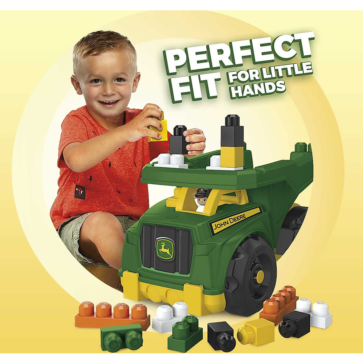 Mega BLOKS John Deere Toddler Building Blocks Toy Set, Dump Truck with 25 Pieces and Storage, 1 Figure, Green, Ages 1+ Years